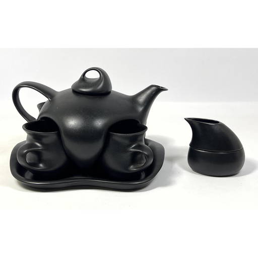 Peter Saenger Black Glazed Pottery Tea Service. Artisan Handcrafted Porcelain Teapot. Four Cups Mugs