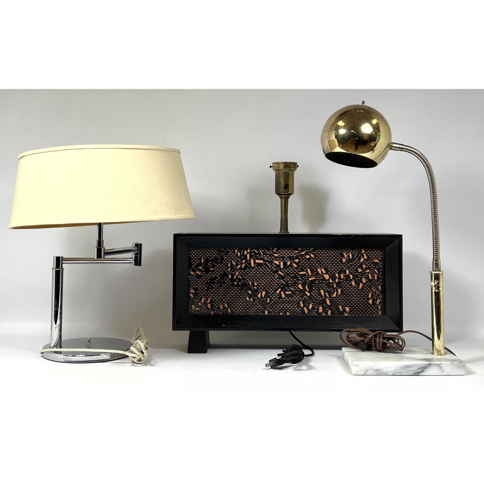 3pc Modern Lighting Lot. Brass Goose Neck Lamp On Marble Base. 2 ...