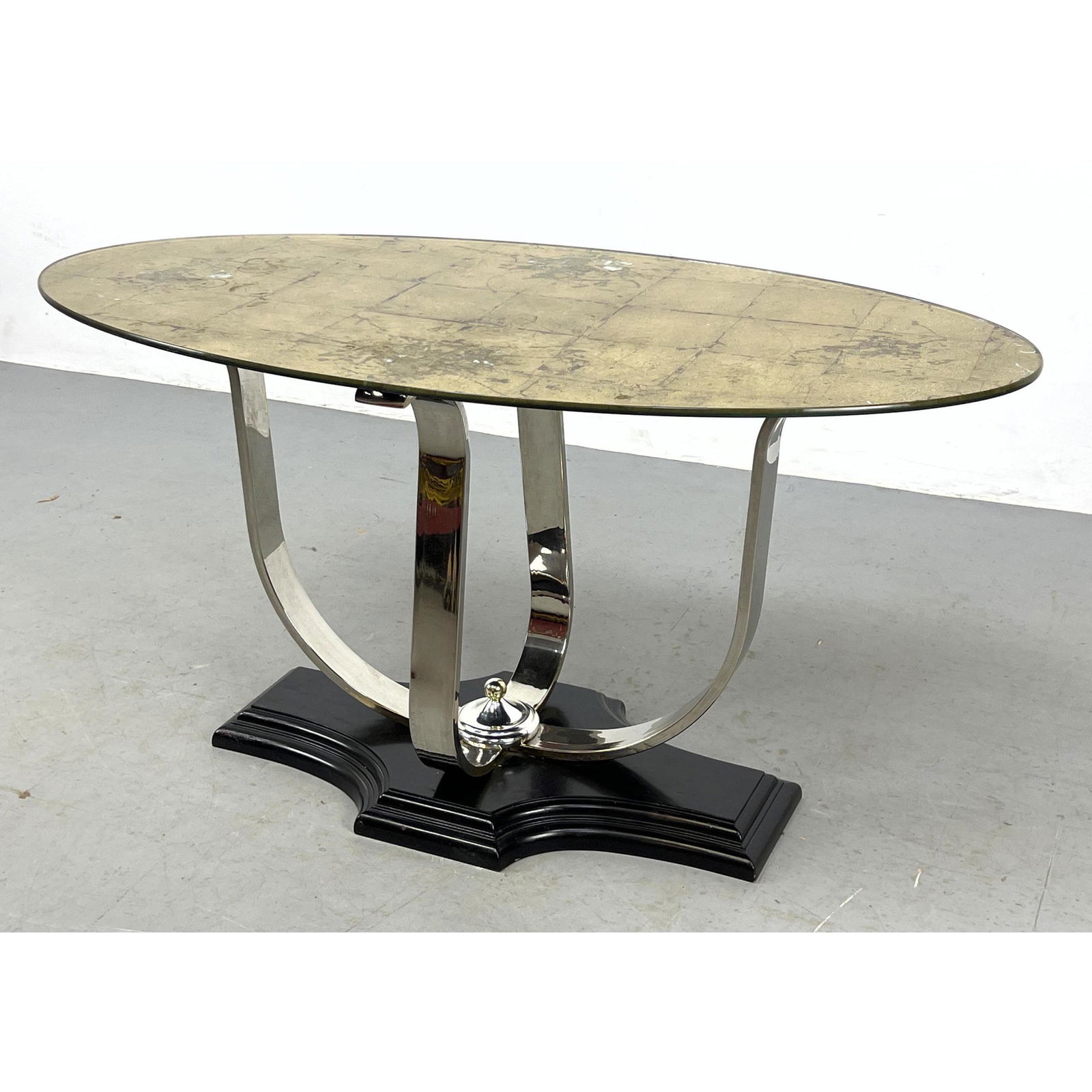 Art Deco Style Hall Center Table. Oval Gilt Glass Top. Lacquered Base ...