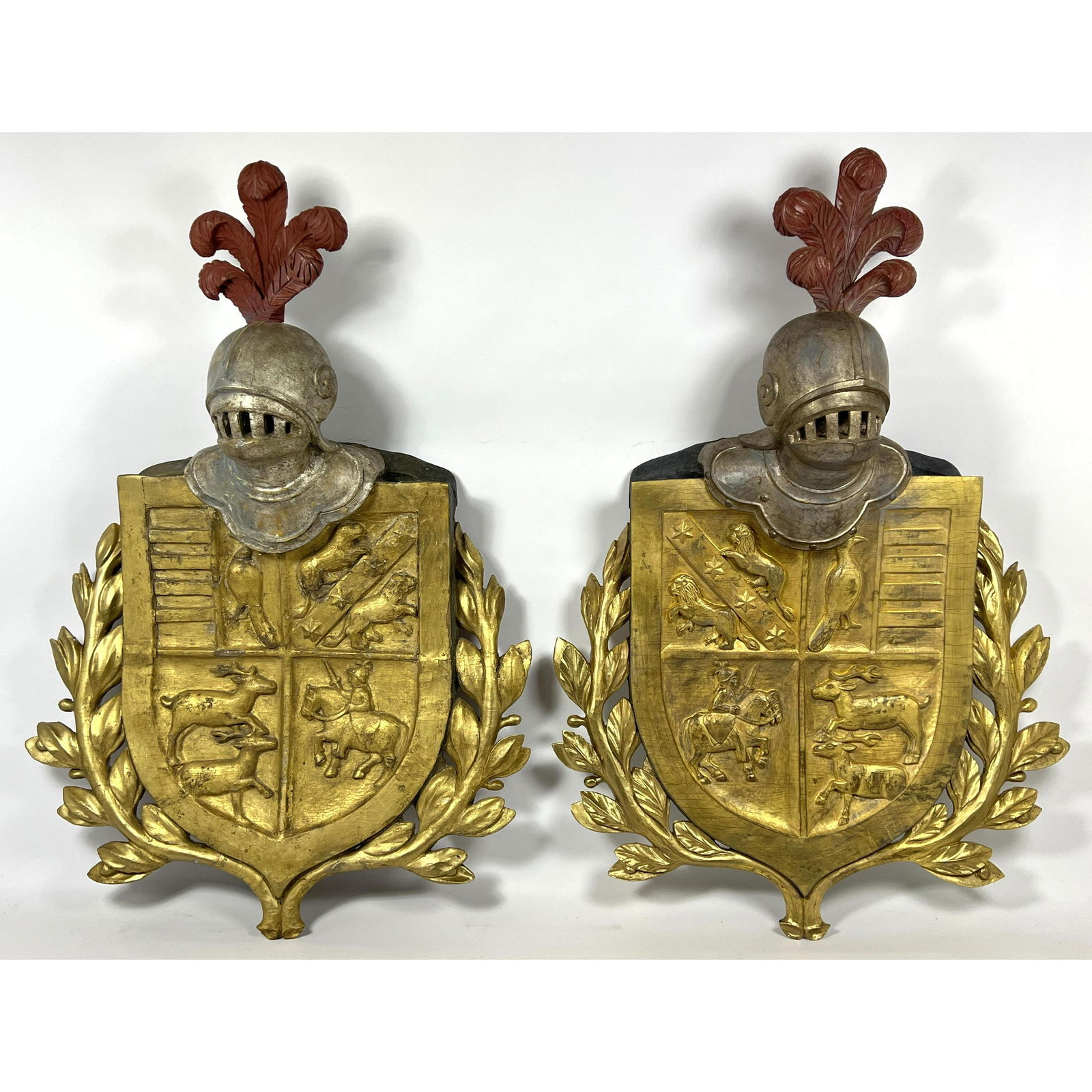 Pr Carved and Painted Wood Heraldry Shields and "Armor" Helmets with ...