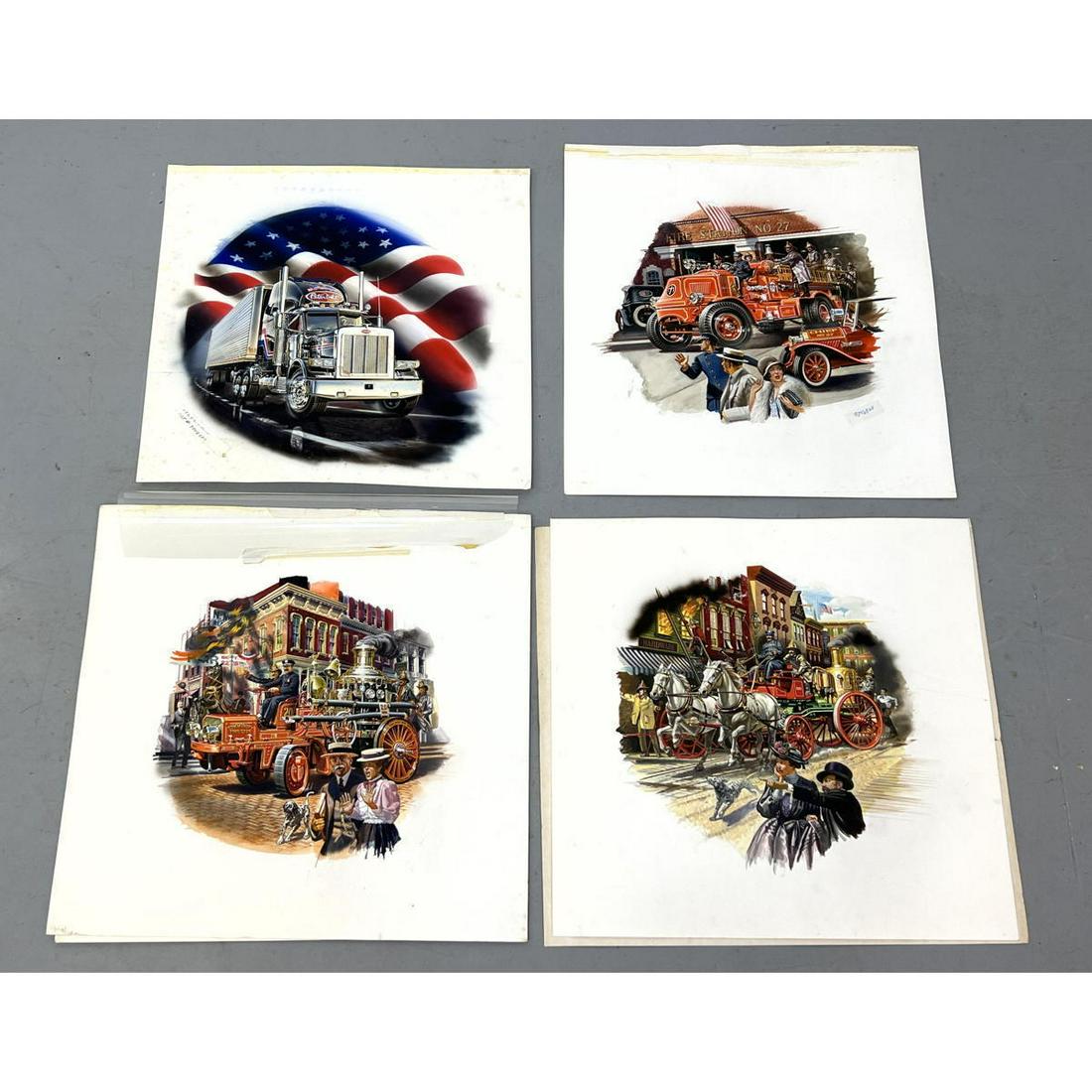 4pc William G Teodecki Original Paintings Firetrucks. Big Rig. Auction