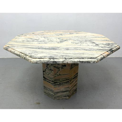 Modernist Marble Pedestal Dining Table. Octagonal Top On Pedestal Base.