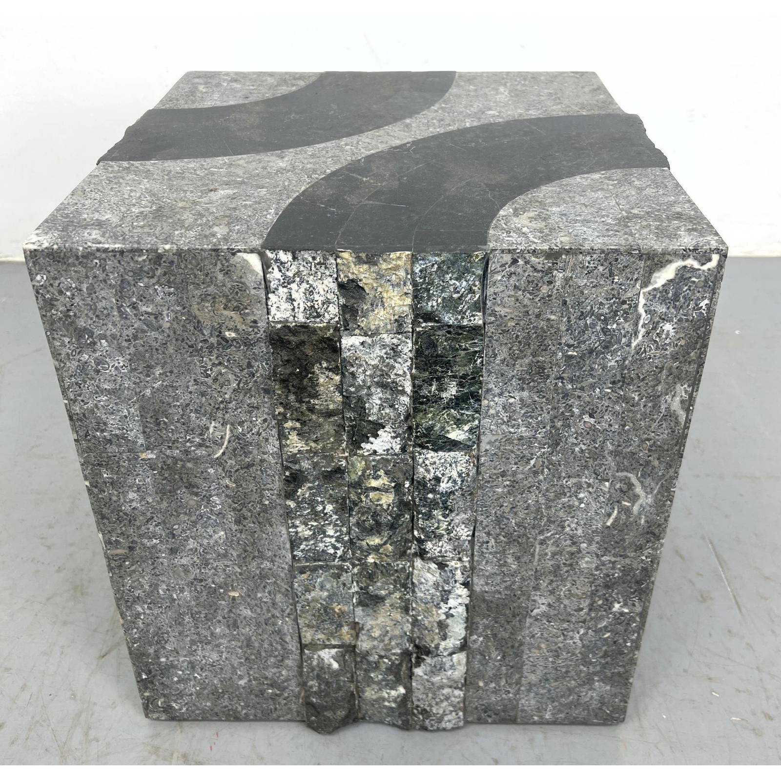 Palliser Tessellated Cube Side Table. Pedestal. Auction