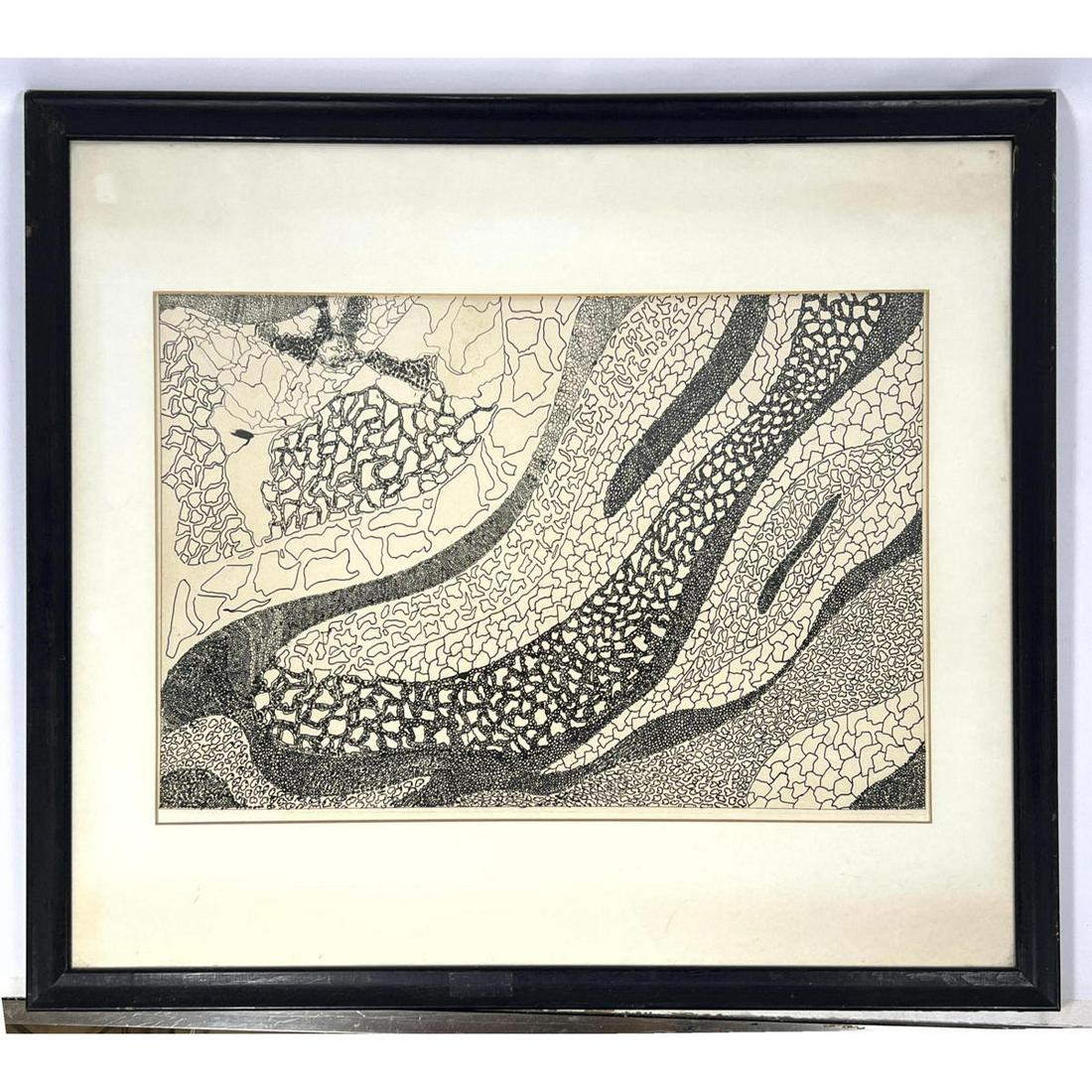 Abstract Modern Ink Drawing. Framed Under Glass. Unsigned.