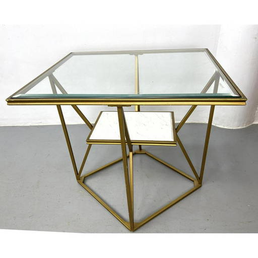 Geometric Architectural Gold Metal Side Table. Glass Top. Marble Lower ...