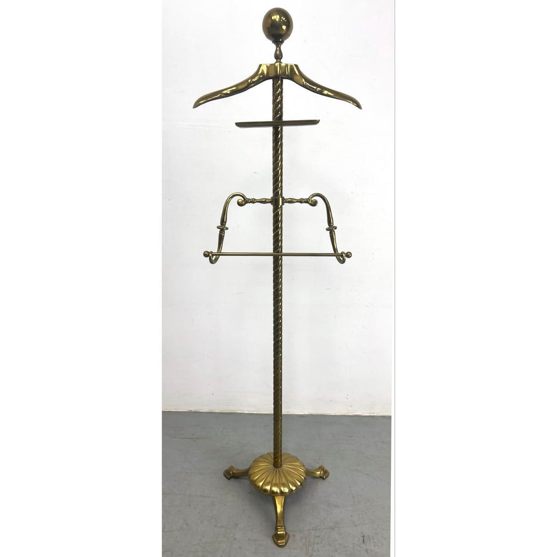 Fancy Brass Mans Valet. Lyre Form Details On Twisted Brass Stem. Three ...