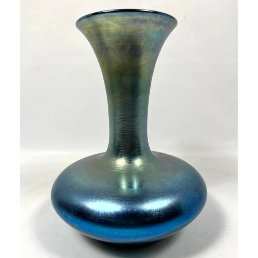 Victor Durand Blue Iridescent Glass Vase. Signed. Usa. C.1920