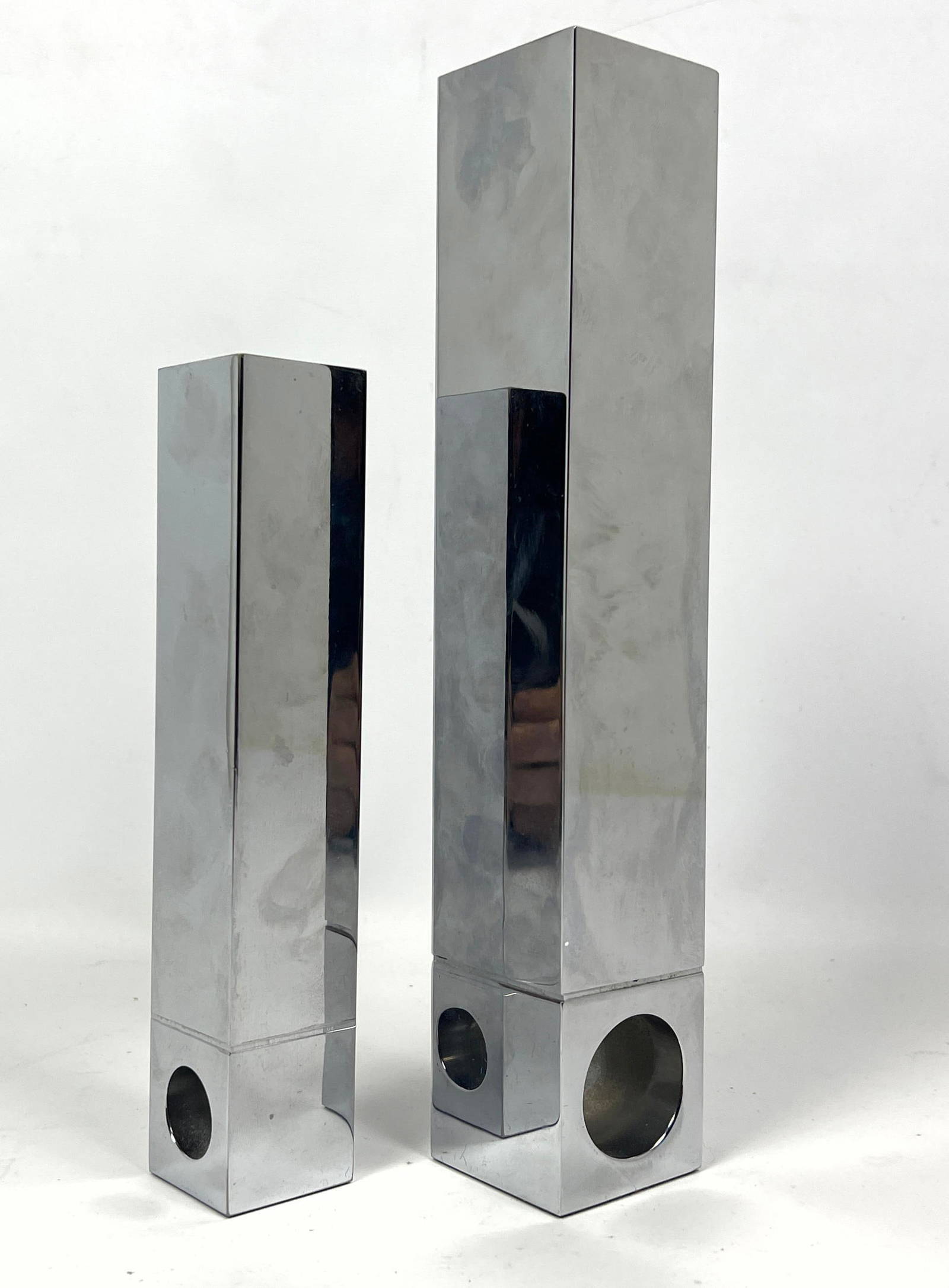 2pc Heavy Chrome Square Tube Vases. Dorothy Lerner. Auction