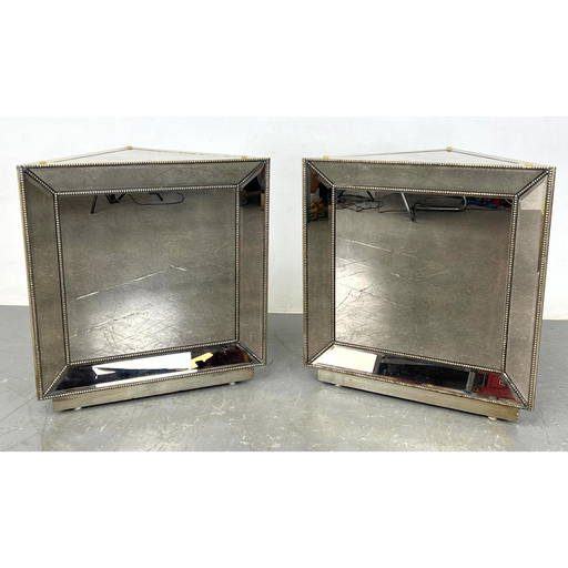 Pair Mirrored Triangle Pedestal Stands. Table Bases. Wood Framed.