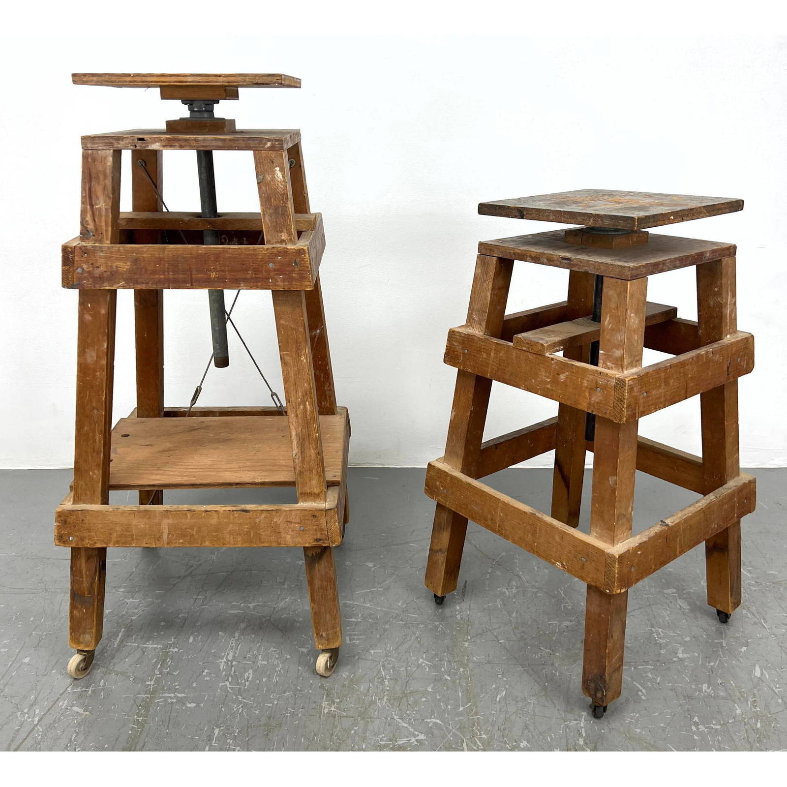2pc Industrial Artist's Stands. Wood Frames On Casters. Swivel Wood ...