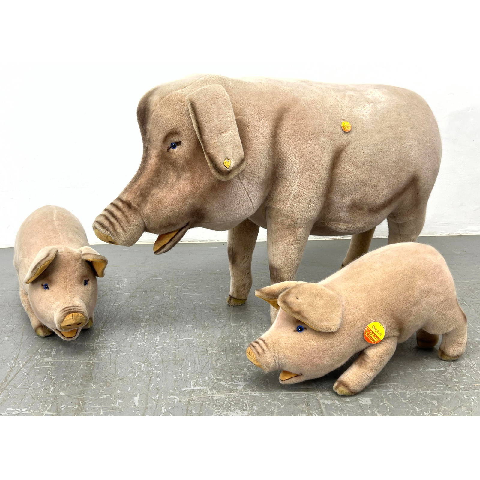 3pc Steiff Mohair Pig Sculptures Figures. Large 26" High Pig With Two ...