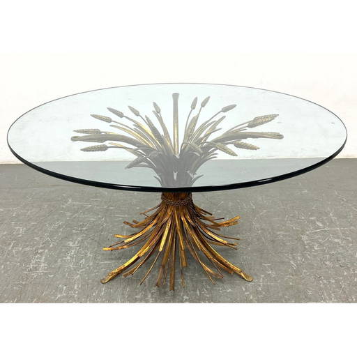 Italian Gilt Iron Wheat Sheaf 36in Table. Round Glass Top.