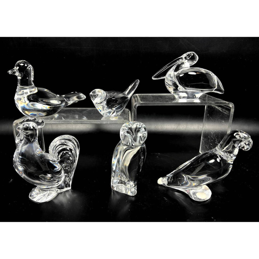 6pc Collection Baccarat French Crystal Bird Lot. Pelican, Rooster, Duck ...