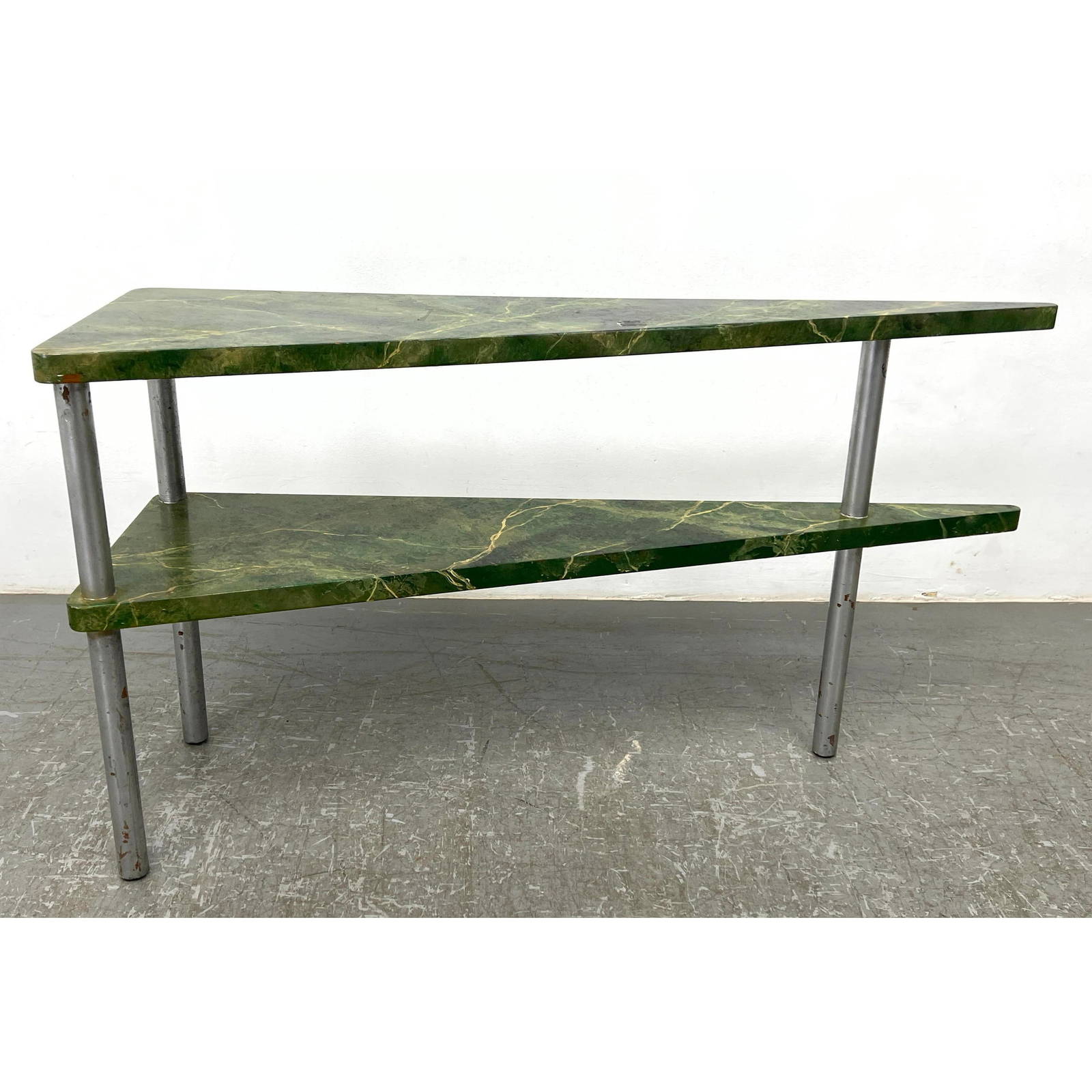 Triangular Two Tier Console Table. Faux Green Marble Finish And Metal ...