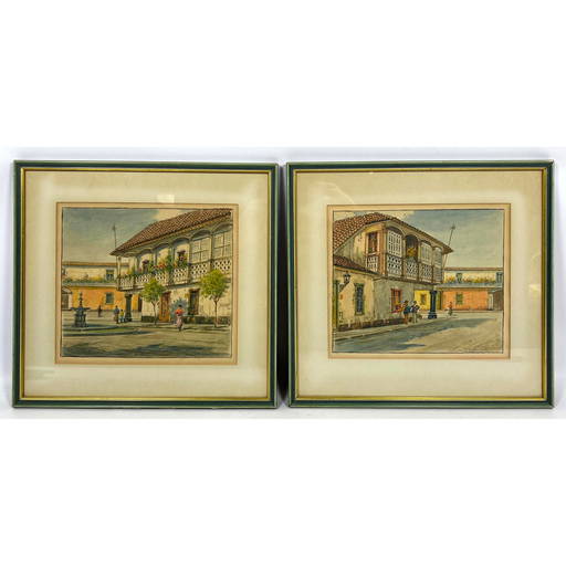 2pc Artist Signed Townscape Watercolors Paintings. Detailed. Illegible ...