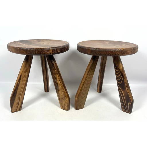 Pr Dark Stained Tripod Leg Stools. Charlotte Perriand Style Round Tops ...