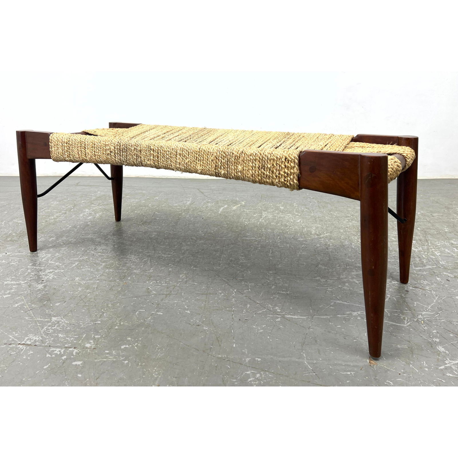 Mid Century Style Ayush Kasliwal Cb2 Wrap Walnut. Iron And Jute Bench Auction