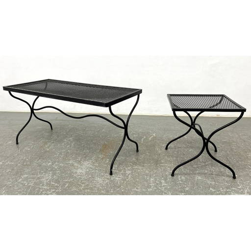 2pc Diamond Mesh Metal Top Outdoor Garden Tables. Black Finish.