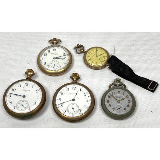 Lot 5 Pocket Watches. Elgin, Ingersoll, Knickerbocker, Santa Fe Special ...
