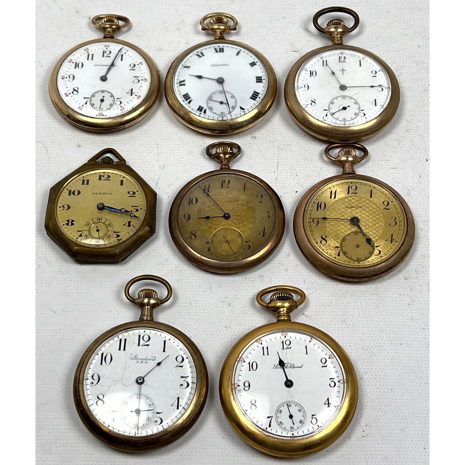Lot 8 Pocket Watches. Woodmere, South Bend, Marlboro, Alacris, Elegant ...