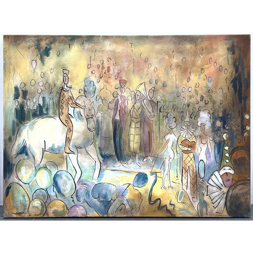 Impressionist Circus Painting On Canvas. Illegibly Signed.