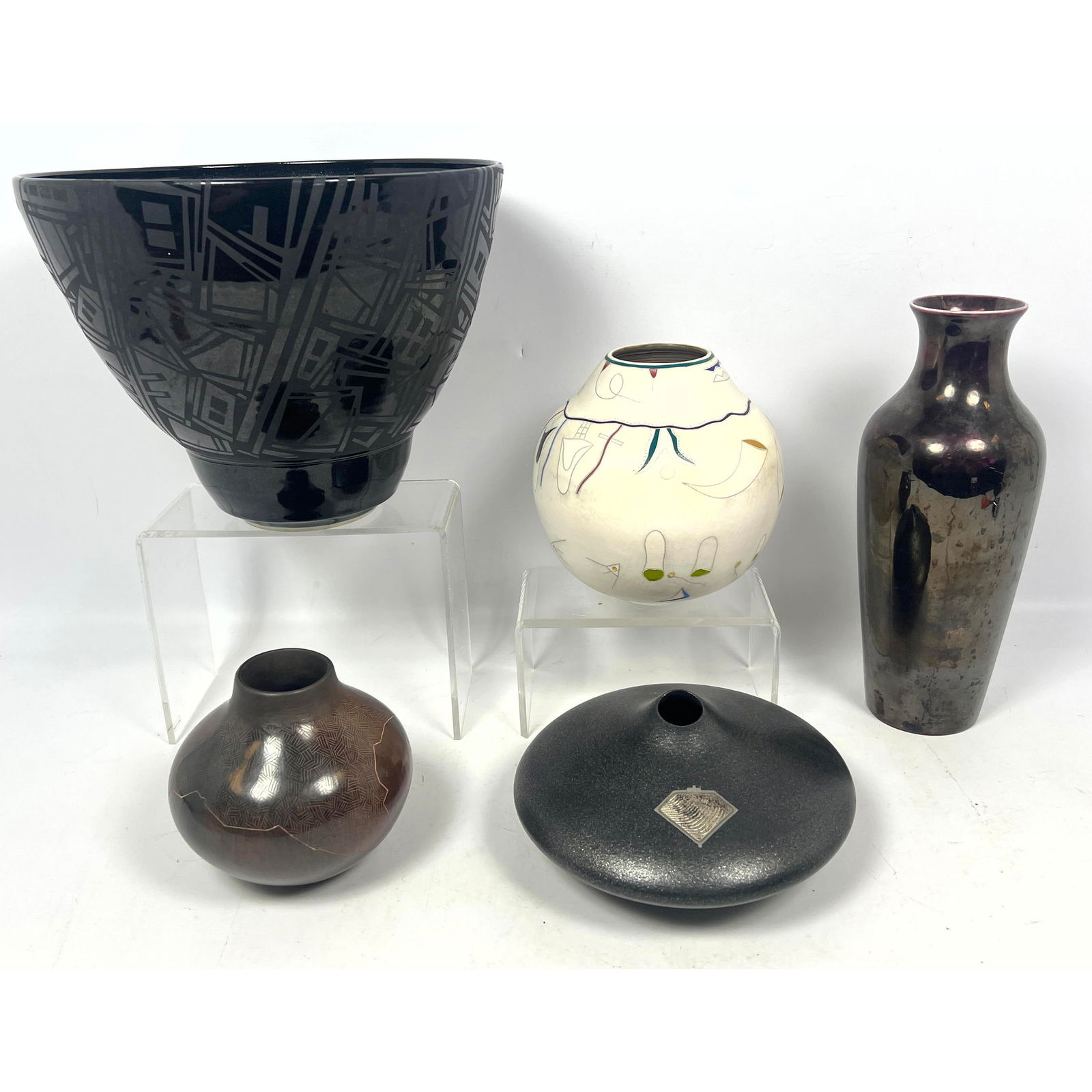 5pcs Artisan Art Pottery. Mark Kuzio Decorated Vase, American Indian ...