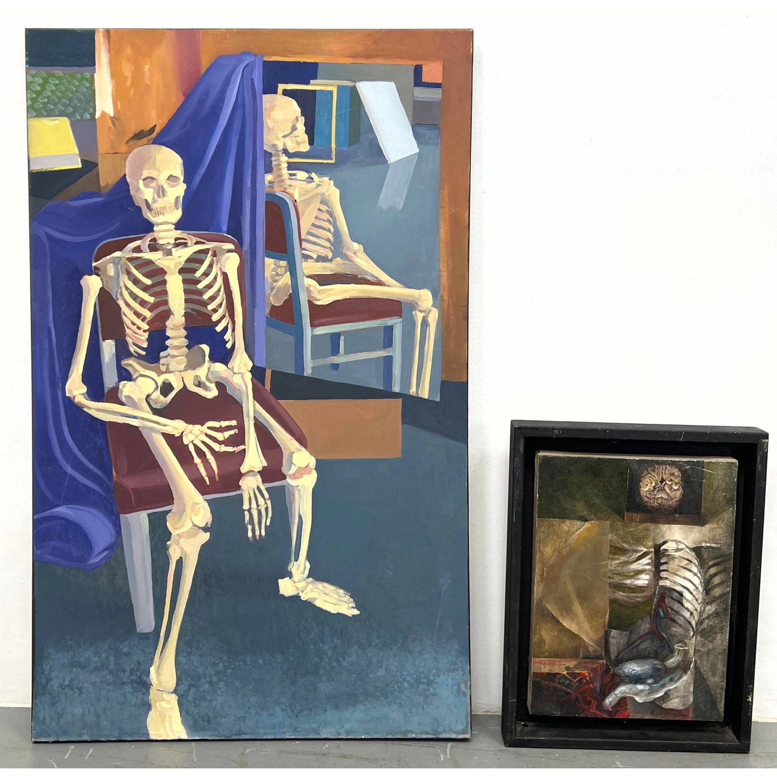 2pc Mid Century Skeleton Paintings. Each Features Human Skeletons And ...