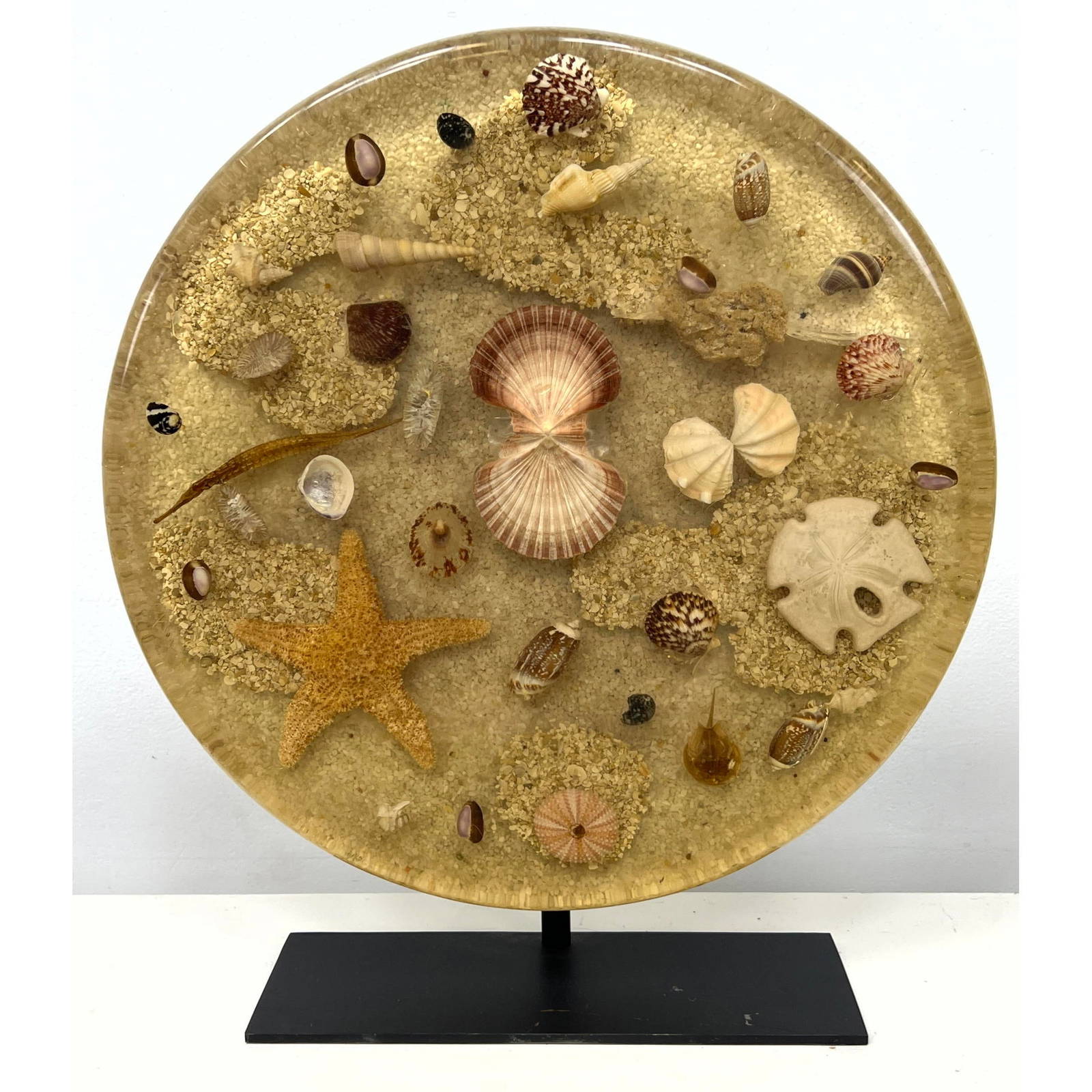Heavy Disc Sculpture With Sea Shells Encased. On Custom Iron Stand. Auction
