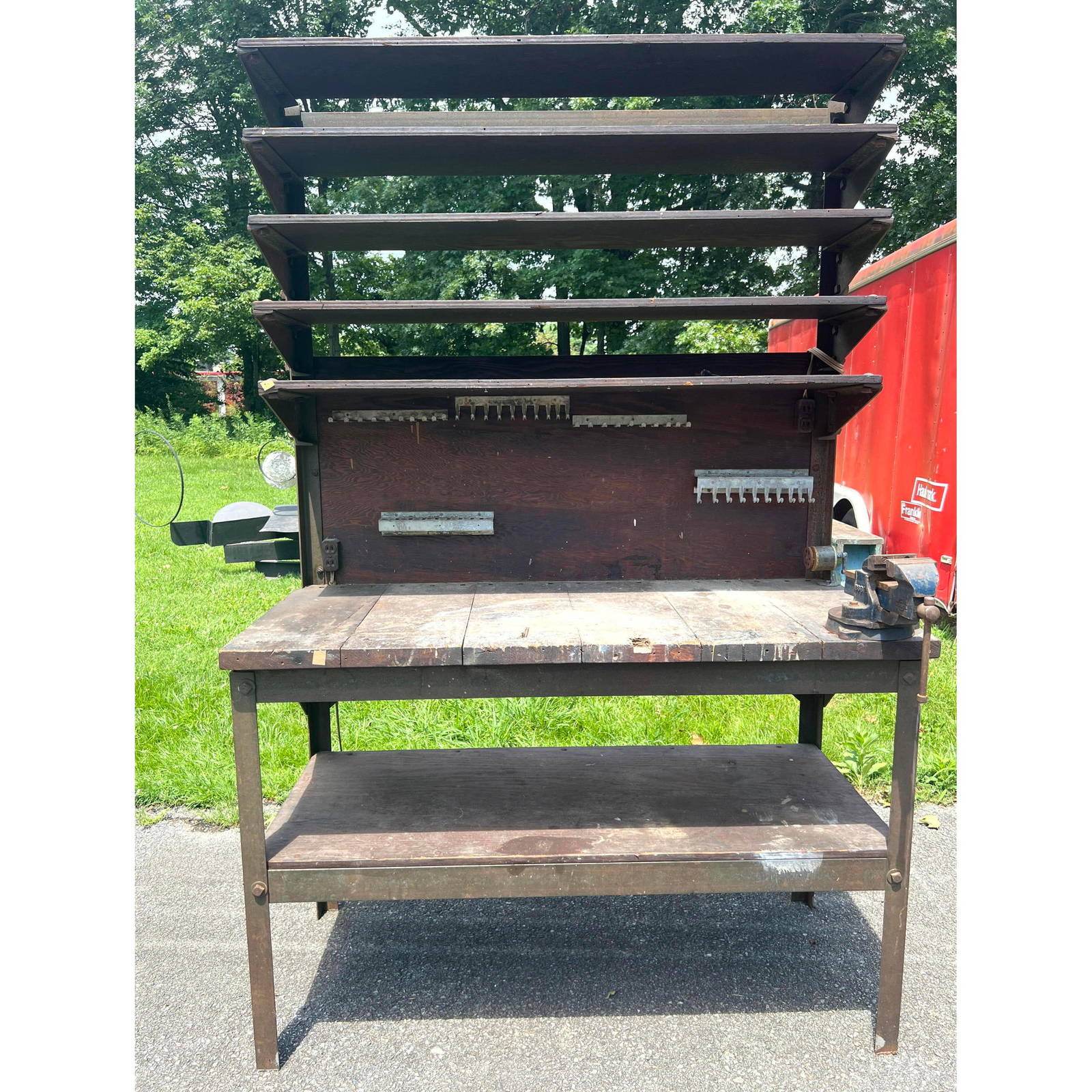 Vintage Heavy Iron Work Bench Table With Shelves. Heavy Iron Bolted ...