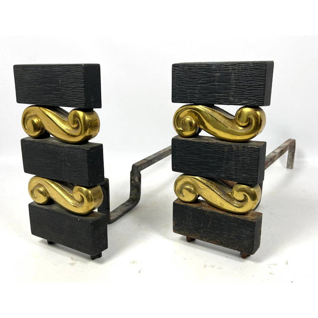 Pr Donald Deskey For Bennett Andirons. Cast Brass And Iron Stacked ...