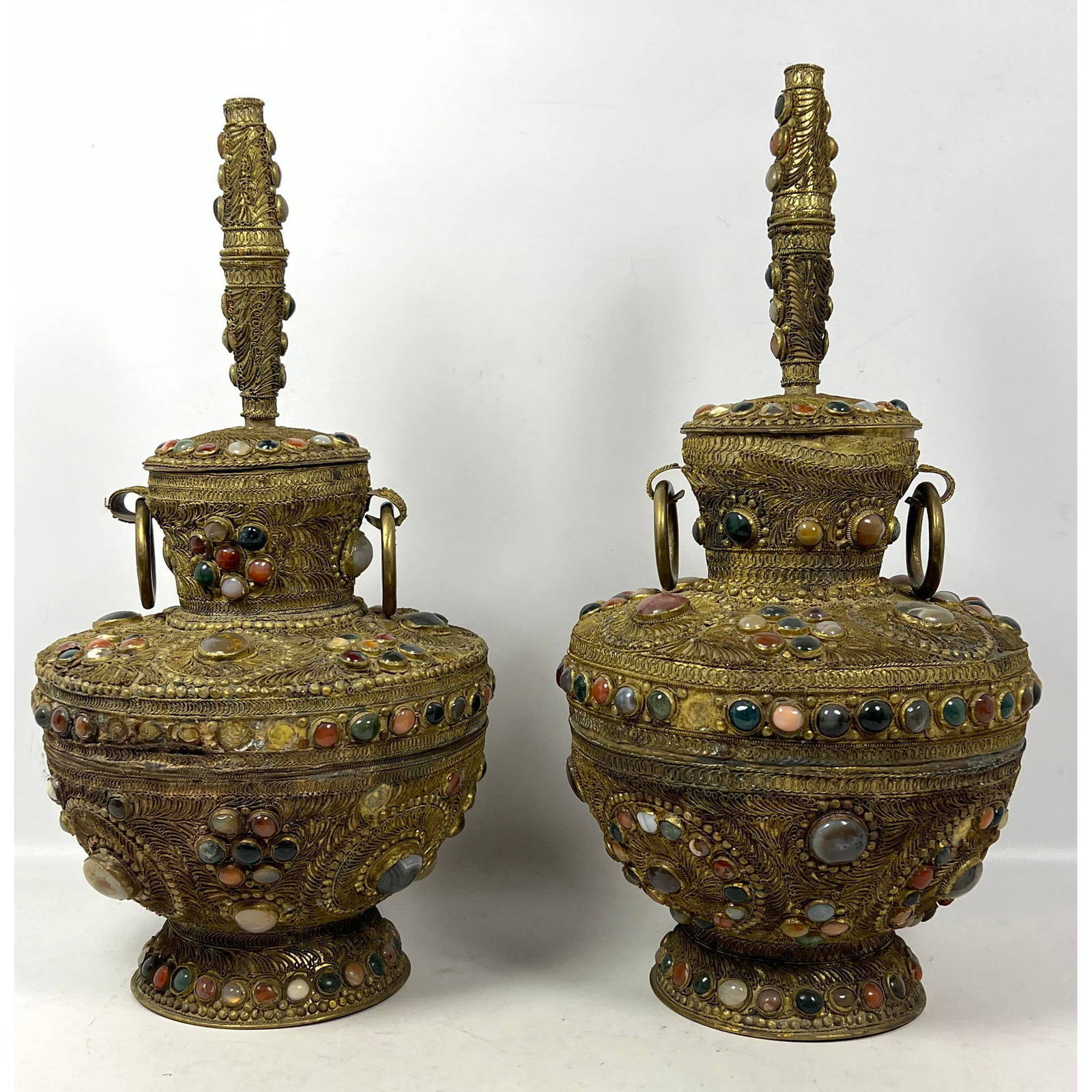 Pr Asian Indian Lidded Urns. Ornate Metal Forms With Applied Agate ...