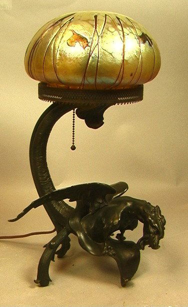20th C Bronze Winged Dragon Lamp. Art Glass Shade