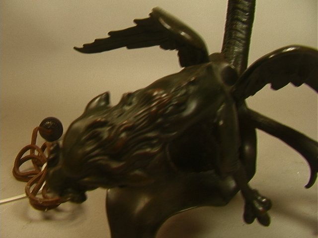 20th C Bronze Winged Dragon Lamp. Art Glass Shade