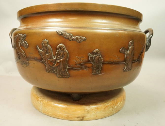 Large Asian Bronze Urn Bronze Dragon Handled Bowl