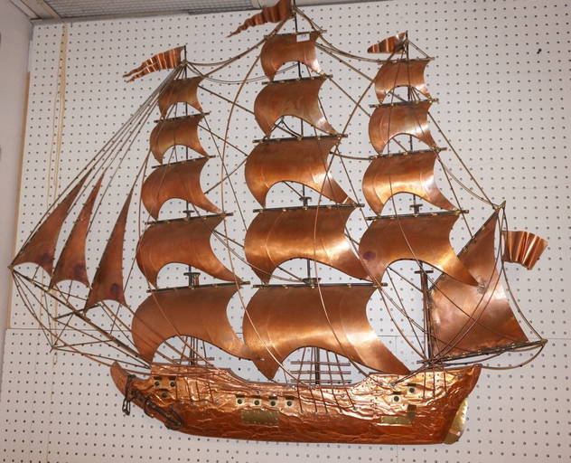 Large Copper Sailing Ship Wall Sculpture. Brass P