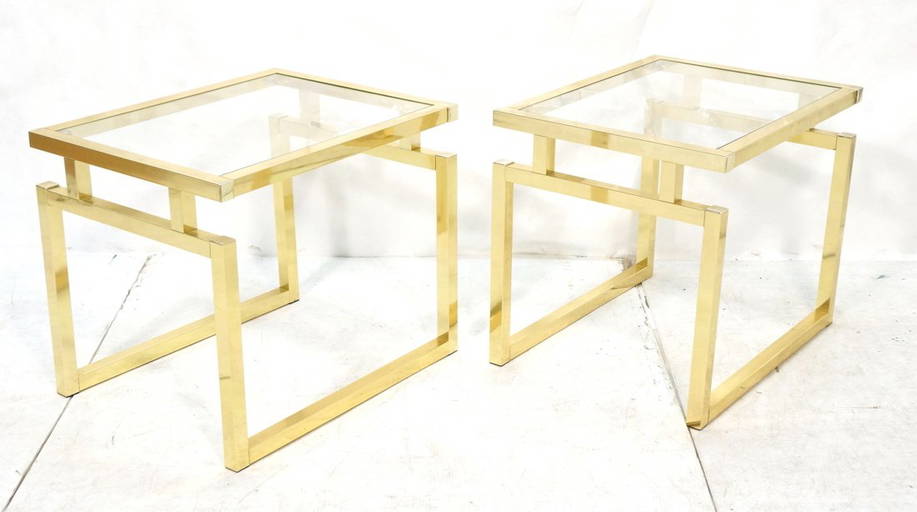 Pr Lightweight Gold Tone Side Tables. Glass Tops