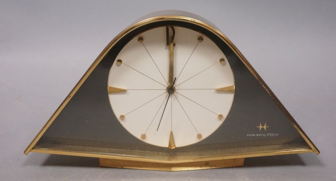 Modernist Brass HAMILTON Desk Clock. Bowed form.
