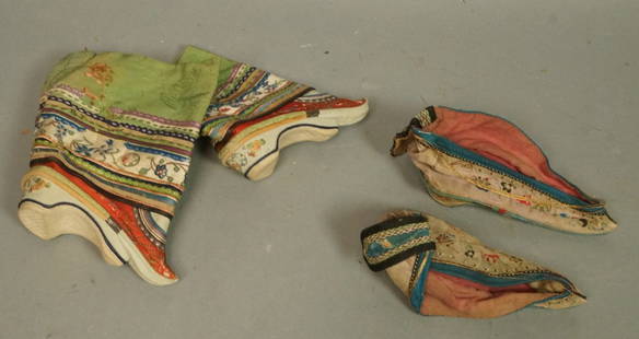 2 Pairs Antique Chinese Silk Shoes, Foot Binding