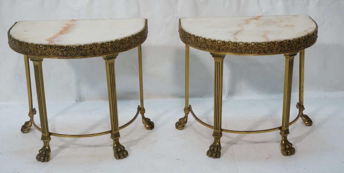 Pr Half Round Marble Top Side Tables. Heavy Brass