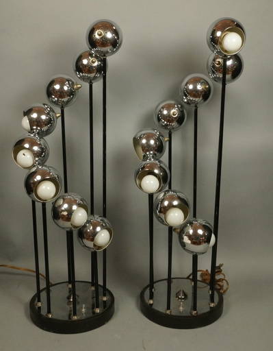 Pr 70's Modernist Table Lamps. Black Metal Rods S