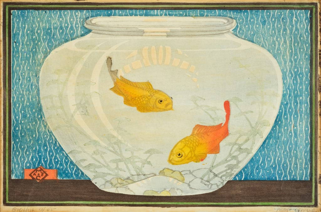 European School, Woodblock Print, Fish Auction