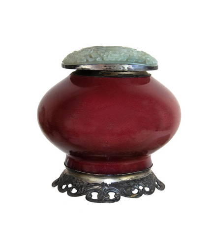A Copper Red Glazed Porcelain And Jade Inkwell