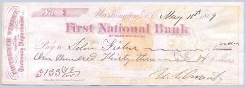 Ulysses S. Grant Check Signed As President