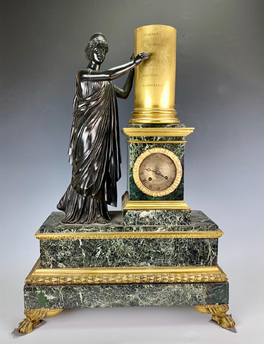 Large Bronze Neoclassical Figural & Marble Clock