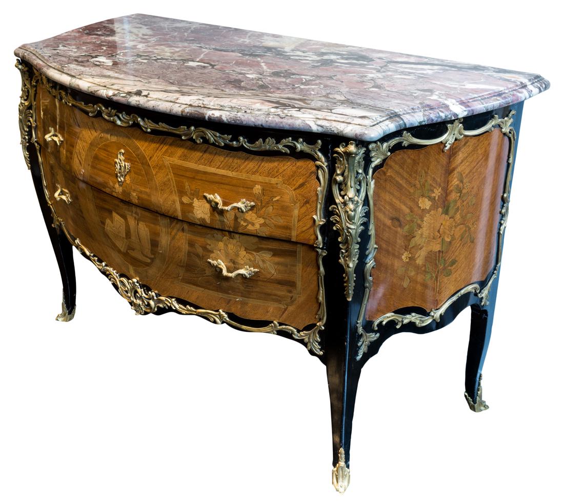 A 19TH CENTURY FRENCH ROCOCO FLORAL MARQUETRY BOMBE
