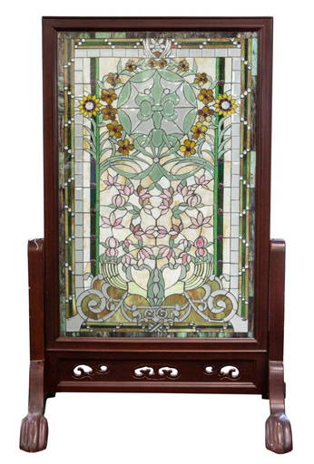 A Contemporary Stained Glass Fire Screen With Wooden