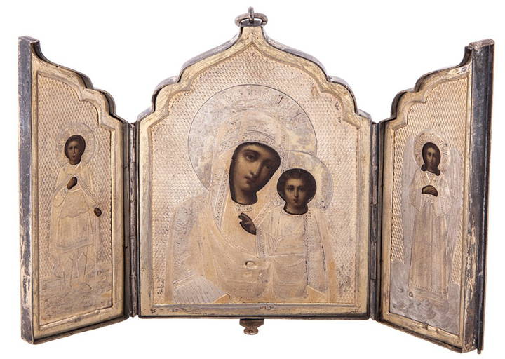 A Russian Gilt Silver Traveling Triptych Icon, Cyrillic