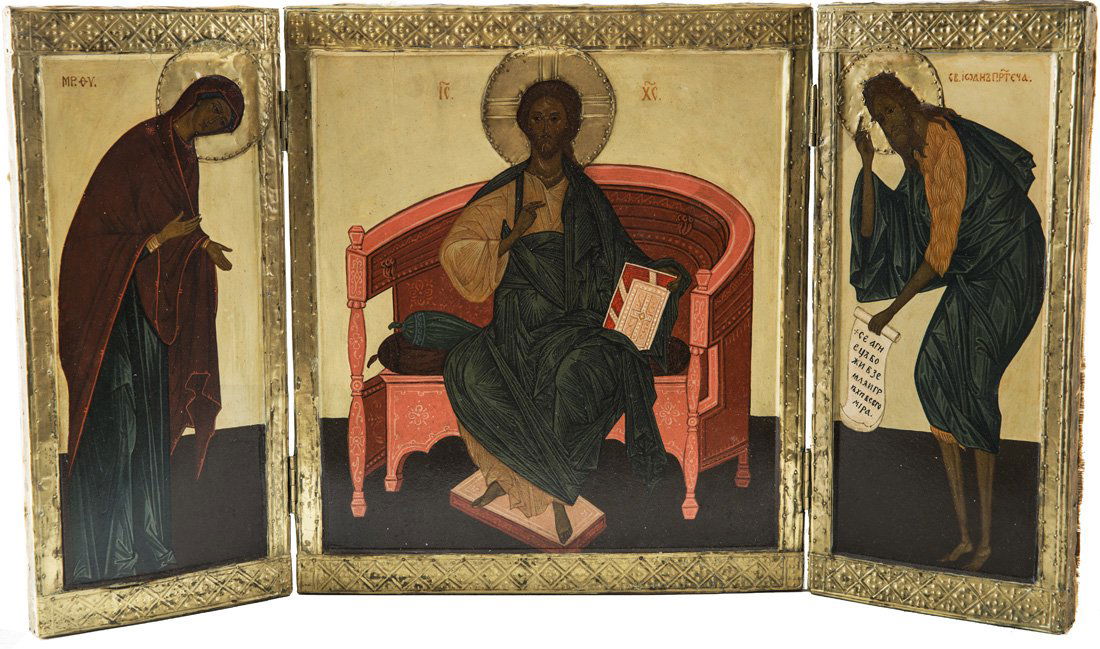 A RUSSIAN TRIPTYCH ICON OF THE DEISIS IN BRASS BASMA