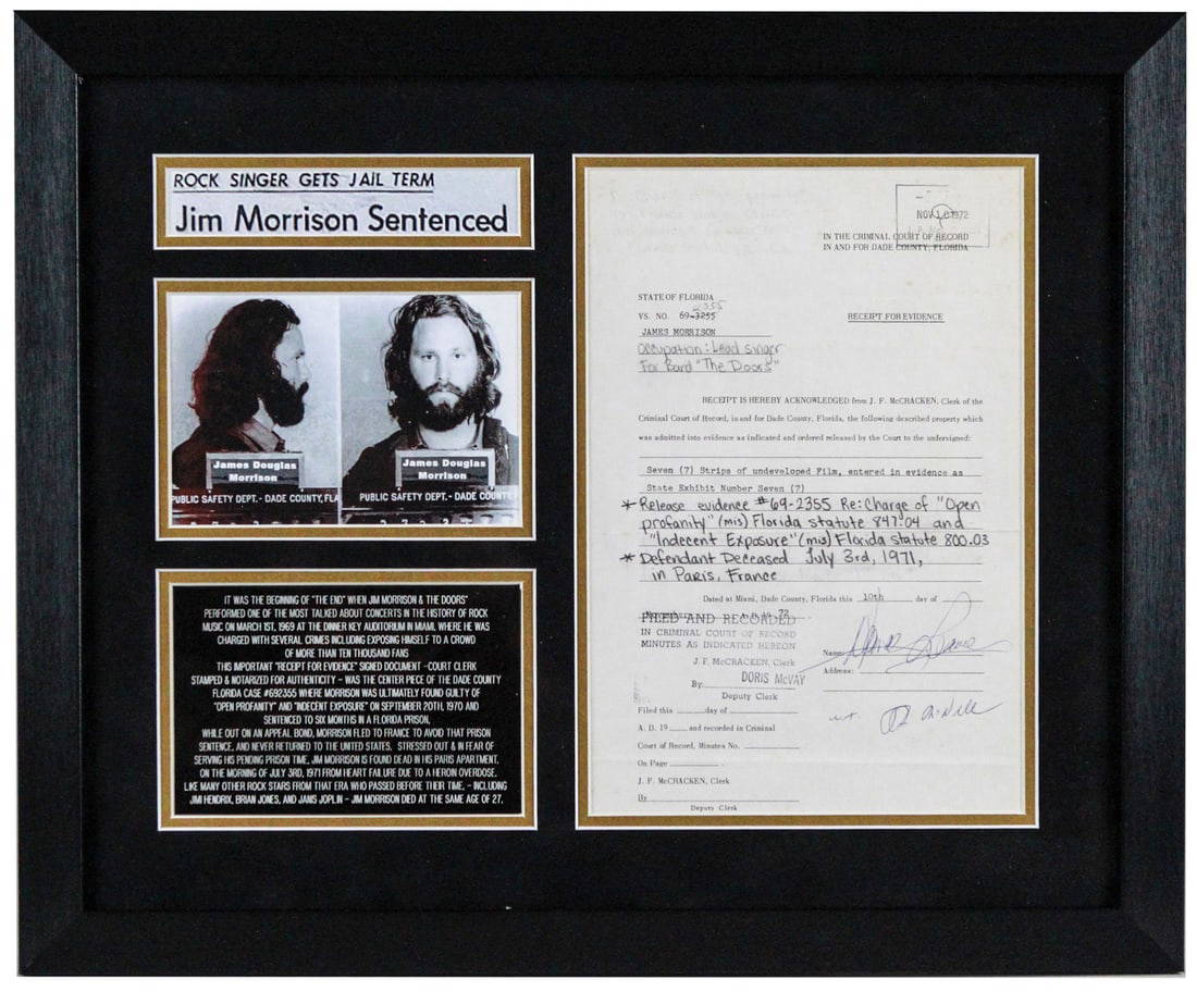Framed Jim Morrison Court Evidence Document / The Doors Auction