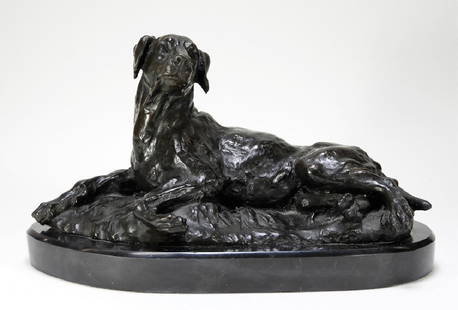 Signed Barye Bronze Dog Sculpture